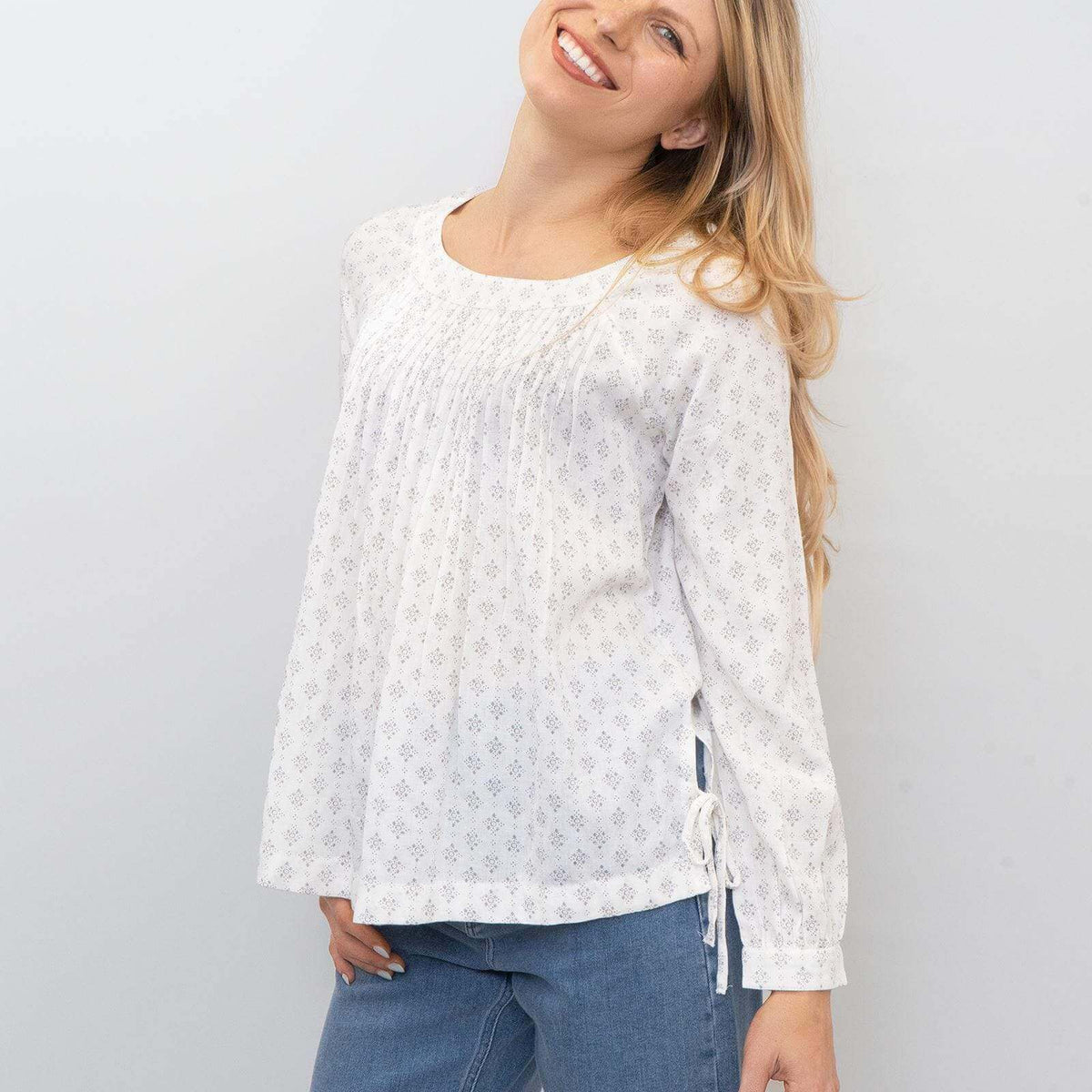 White Diamond Dot Pleated Long Sleeve Casual Shirts & Tops – Quality ...